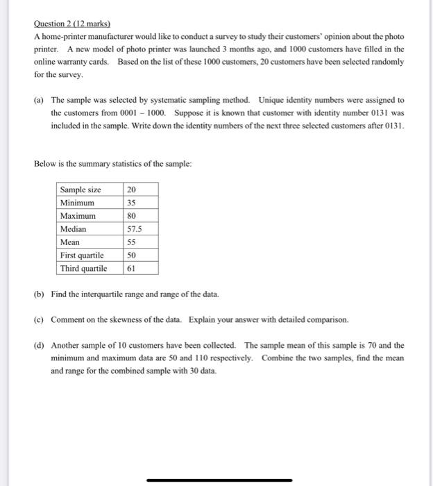 Solved Question 2 (12 marks) A home-printer manufacturer | Chegg.com