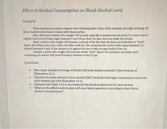 Blood Alcohol Levels Worksheet Explanation I wanted | Chegg.com
