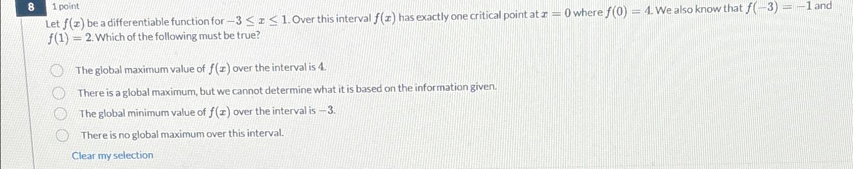 Solved 8,1 ﻿pointLet f(x) ﻿be a differentiable function for | Chegg.com