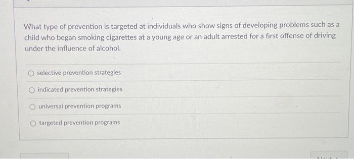 What type of prevention is targeted at individuals | Chegg.com