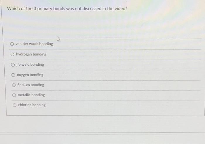 Solved Which of the 3 primary bonds was not discussed in the | Chegg.com