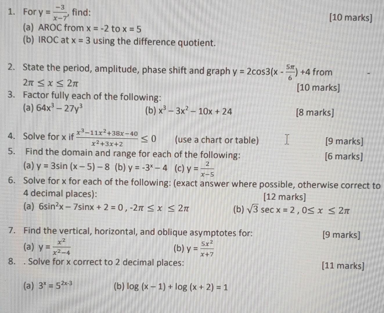 Solved -3 1-7 (10 marks] 1. For y = : find: (a) AROC from x | Chegg.com