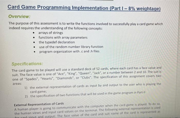 Solved Card Game Programming Implementation (Part I -8% | Chegg.com