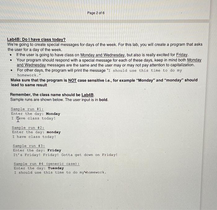 Solved Page 2 of 6 . Lab4B: Do I have class today? We're | Chegg.com