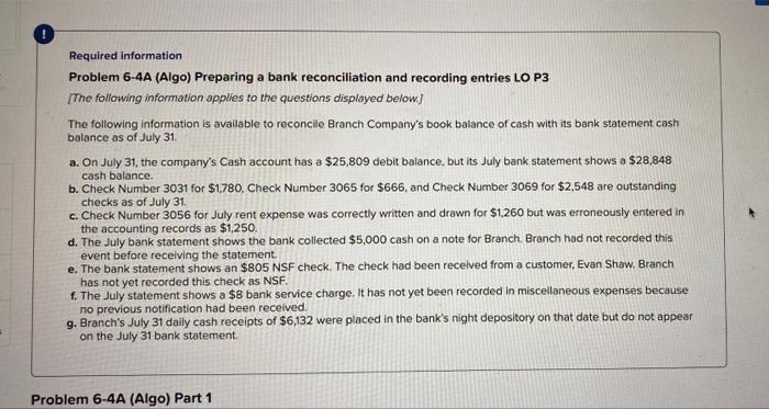 Solved Problem 6-4A (Algo) Preparing a bank reconciliation | Chegg.com