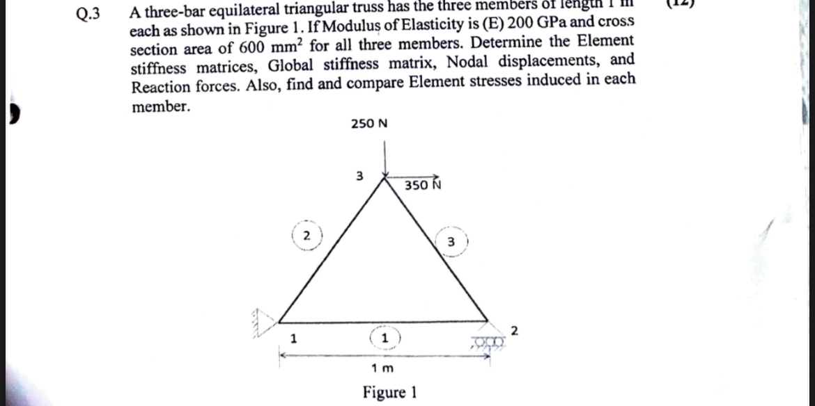 Solved Q. 3 ﻿A three-bar equilateral triangular truss has | Chegg.com