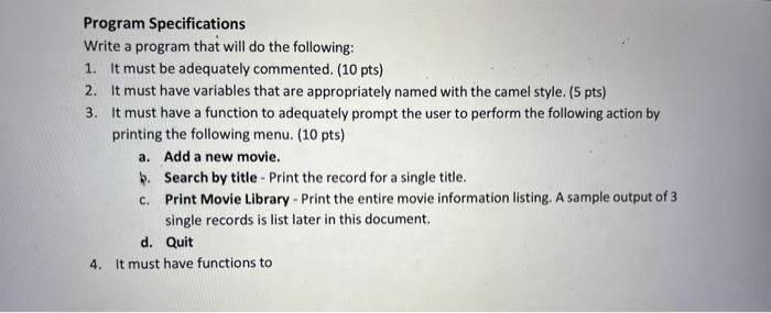 Program Specifications Write a program that will do | Chegg.com