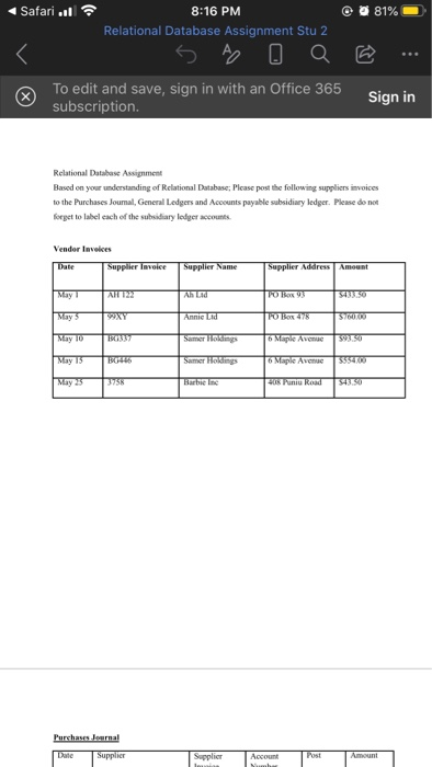 Solved Safari . @ 81% 8:16 PM Relational Database Assignment | Chegg.com