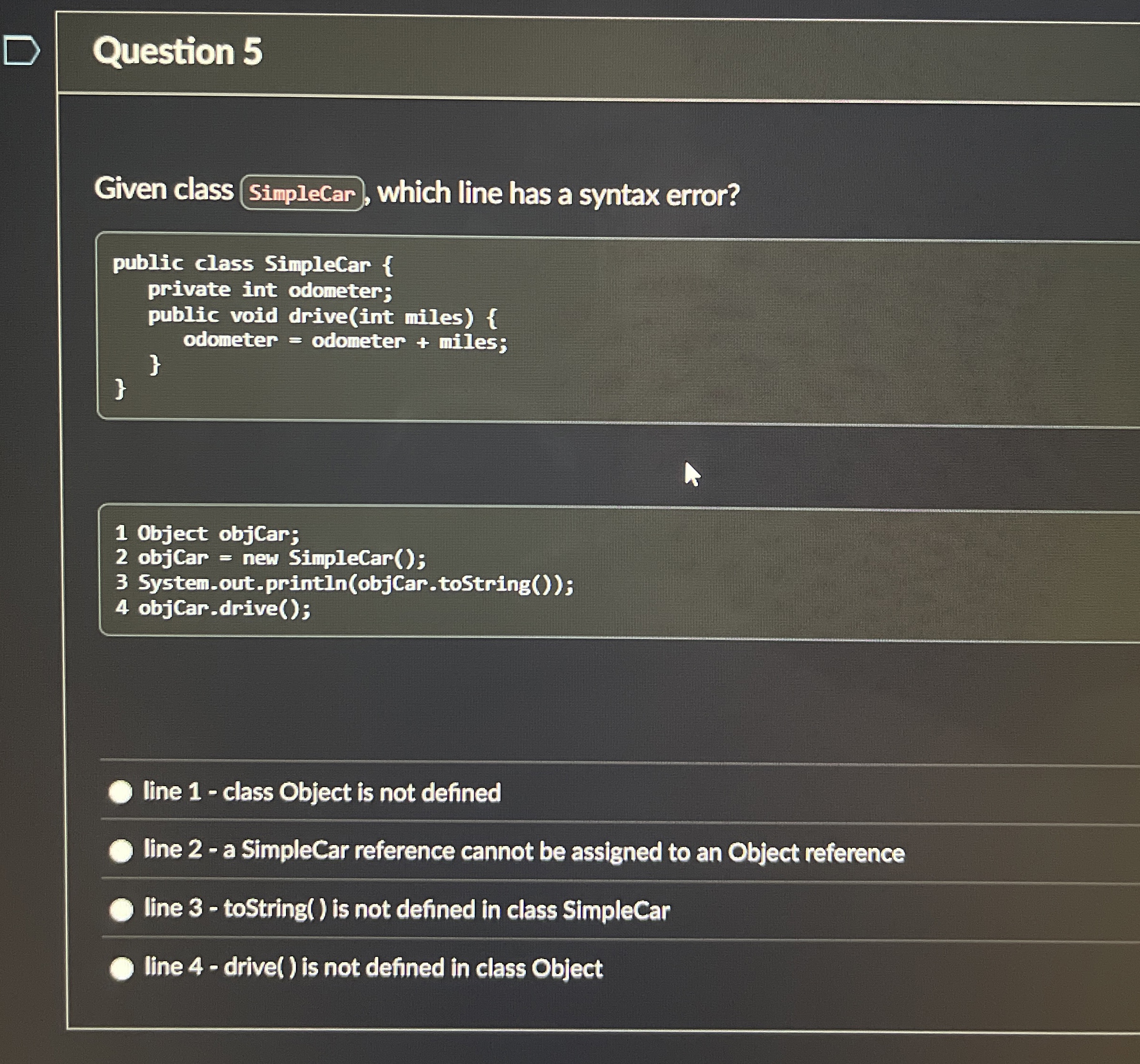 Solved Question 5Given class SimpleCar, which line has a | Chegg.com