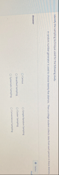 Solved Identify the sampling technique used for the | Chegg.com