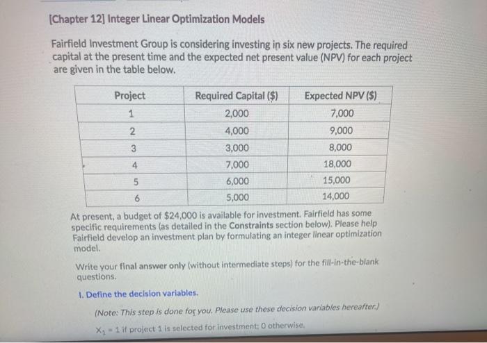 Solved (Chapter 12] Integer Linear Optimization Models | Chegg.com