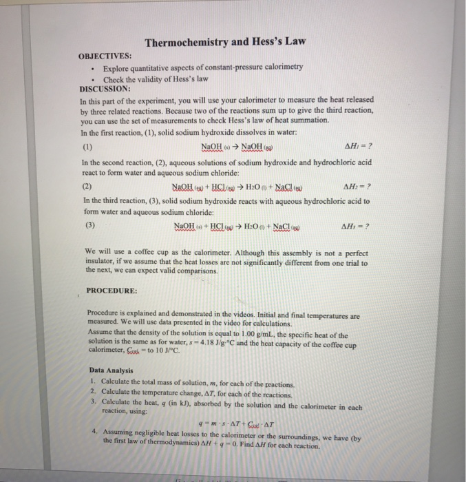 Solved Thermochemistry and Hess's Law OBJECTIVES: • Explore | Chegg.com