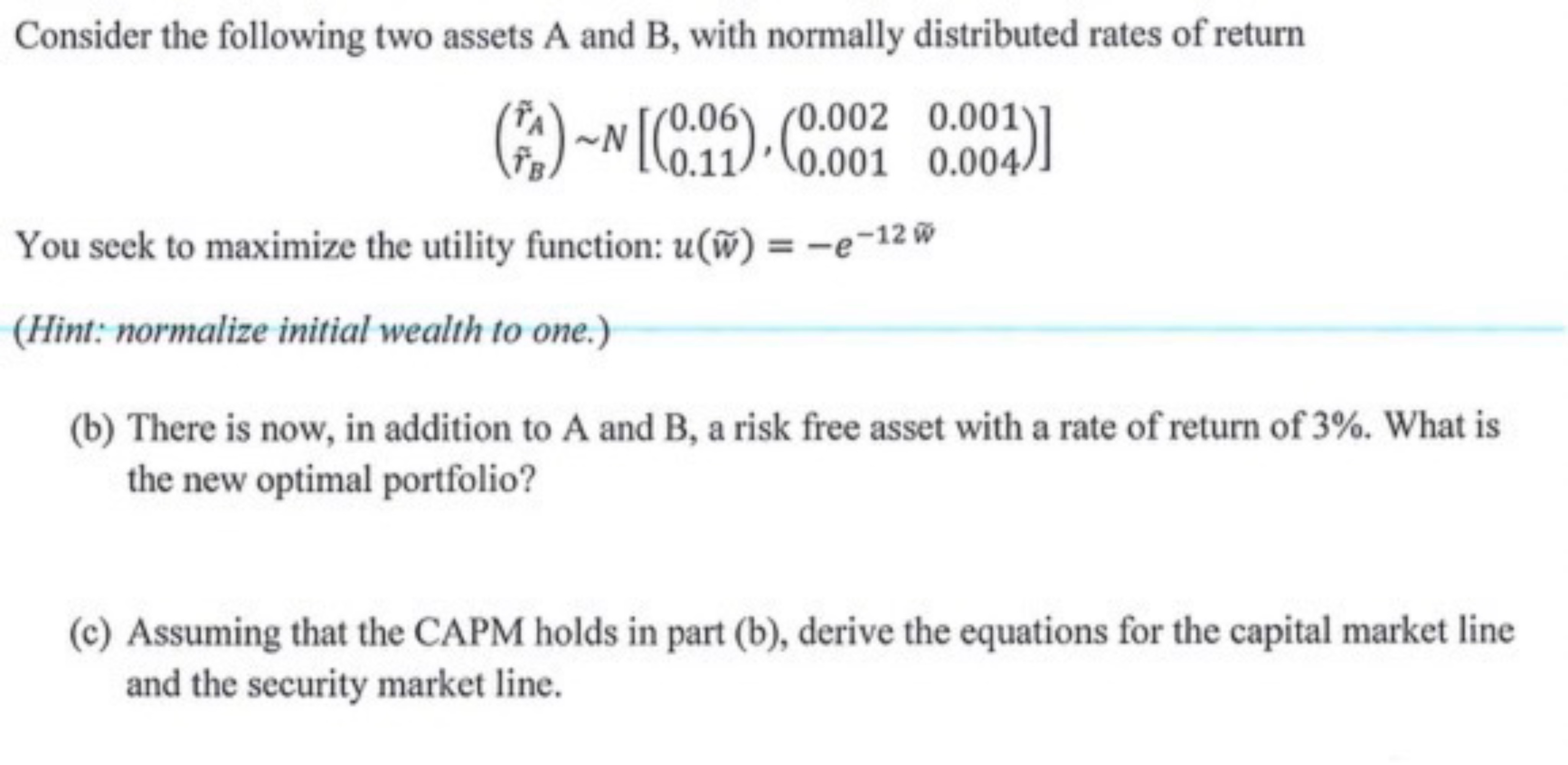 Solved Consider the following two assets A and B, ﻿with | Chegg.com