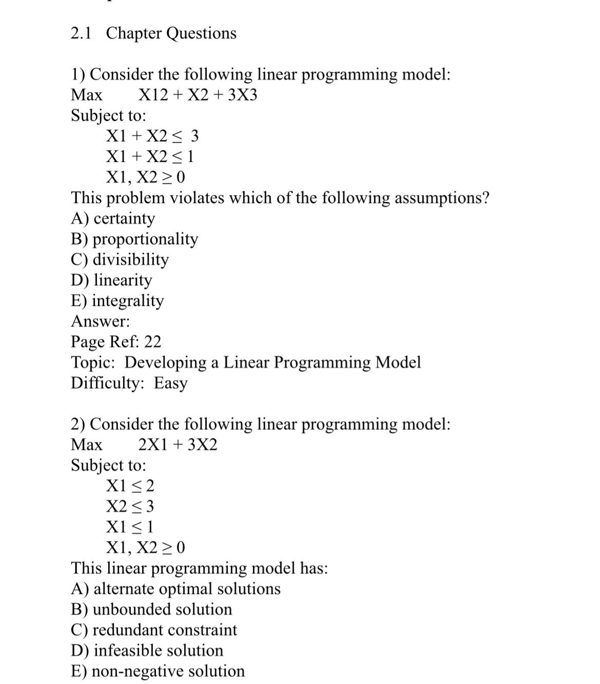 Solved 2.1 ﻿Chapter QuestionsConsider the following linear | Chegg.com