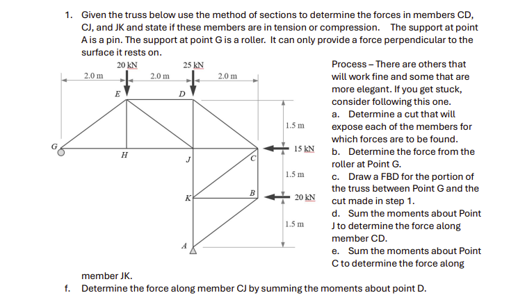 Solved 1. ﻿Given the truss below use the method of sections | Chegg.com