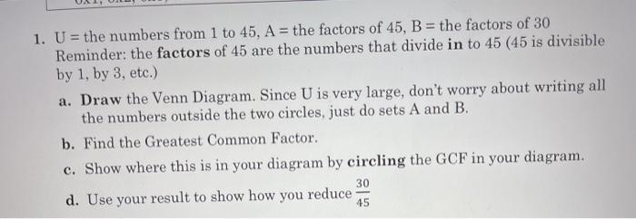 Solved 1. U = the numbers from 1 to 45, A = the factors of | Chegg.com