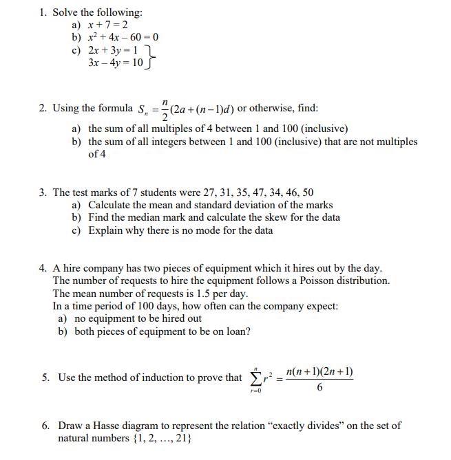 Solved 1. Solve the following: a) x +7=2 b) x² + 4x 60 = 0 | Chegg.com