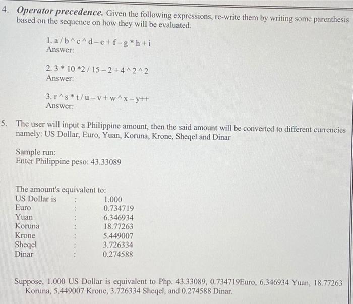 Solved 4. Operator precedence. Given the following | Chegg.com