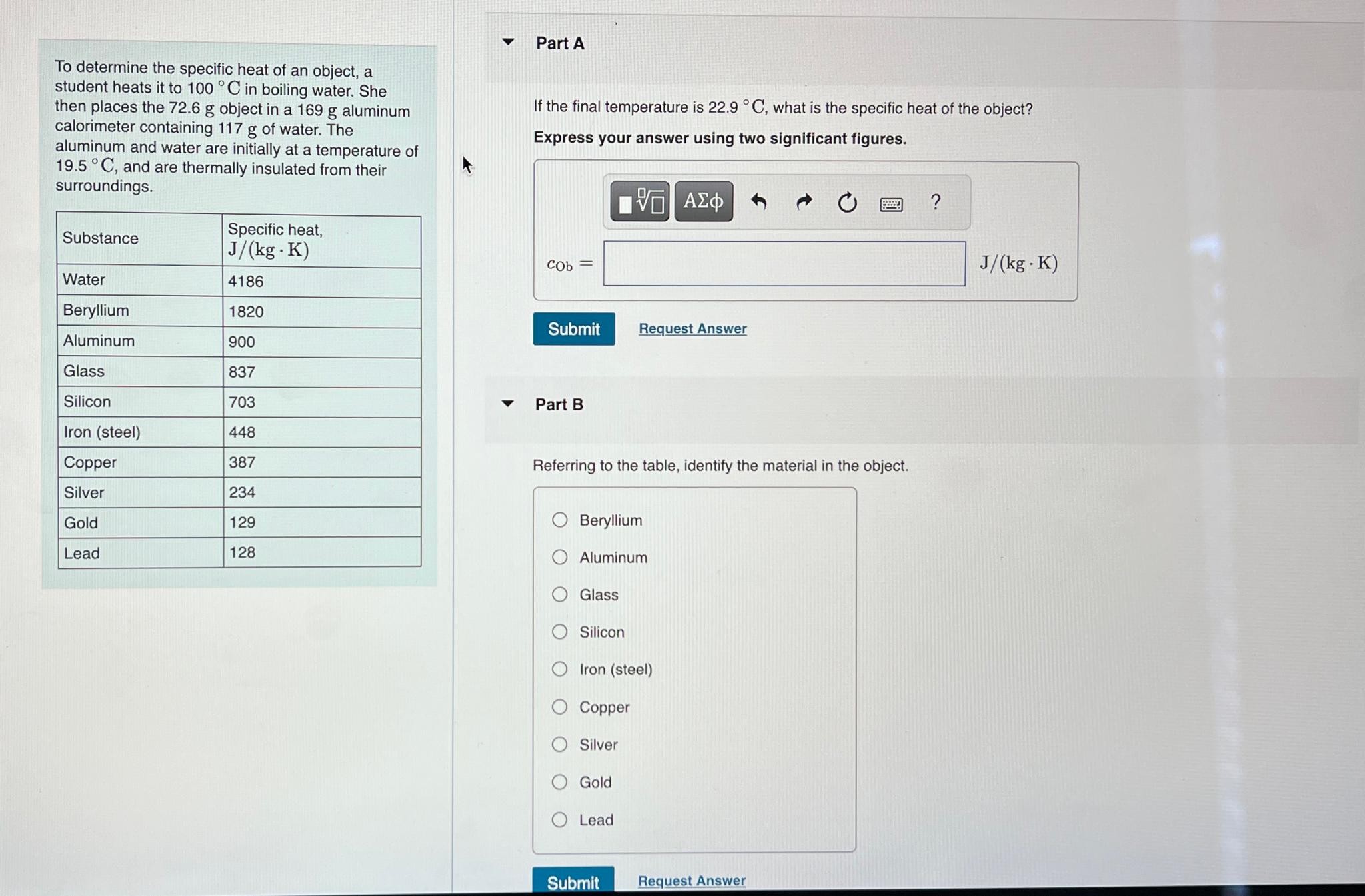 Solved Part ATo determine the specific heat of an object, a | Chegg.com