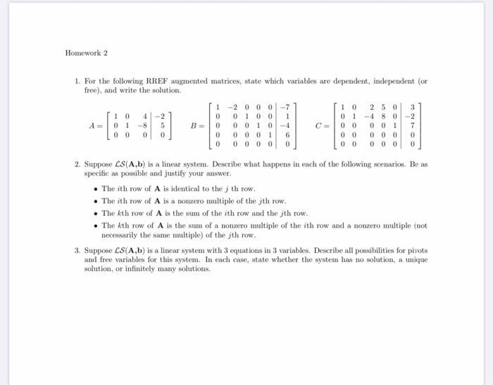 Solved Homework 2 1. For the following RREF augmented | Chegg.com