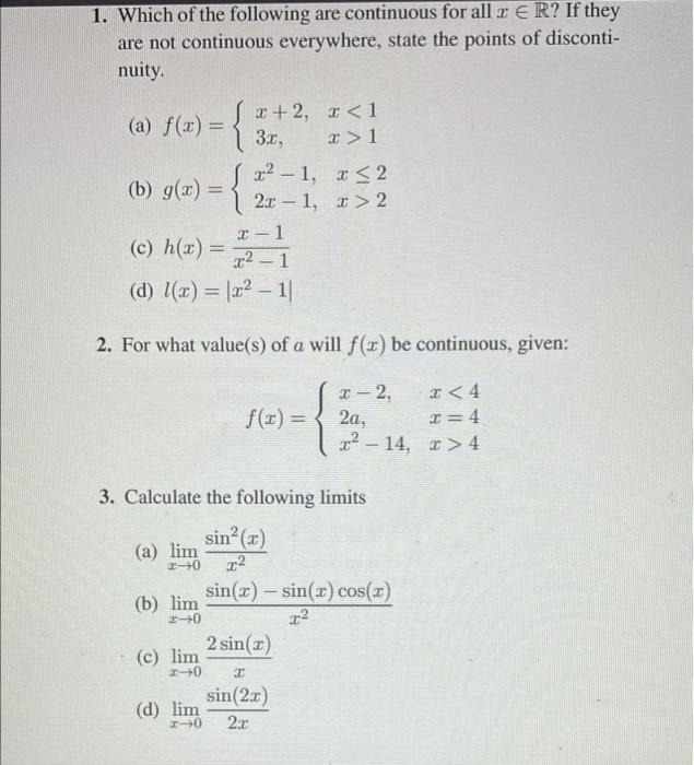 Solved 1. Which of the following are continuous for all x | Chegg.com
