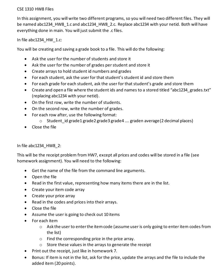 Solved Cse 1310 Hw8 Files In This Assignment You Will Write 