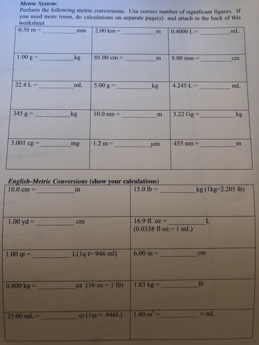 Solved Metric System: Perform the following metric | Chegg.com