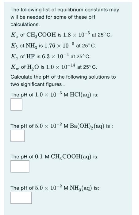 Solved The following list of equilibrium constants may will | Chegg.com