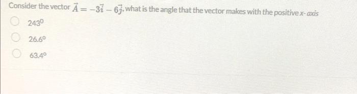 Solved Consider the vector A=−3i−6j, what is the angle that | Chegg.com