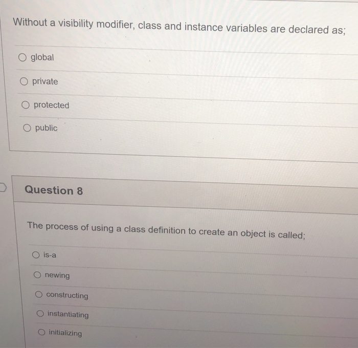 Solved Without a visibility modifier, class and instance | Chegg.com