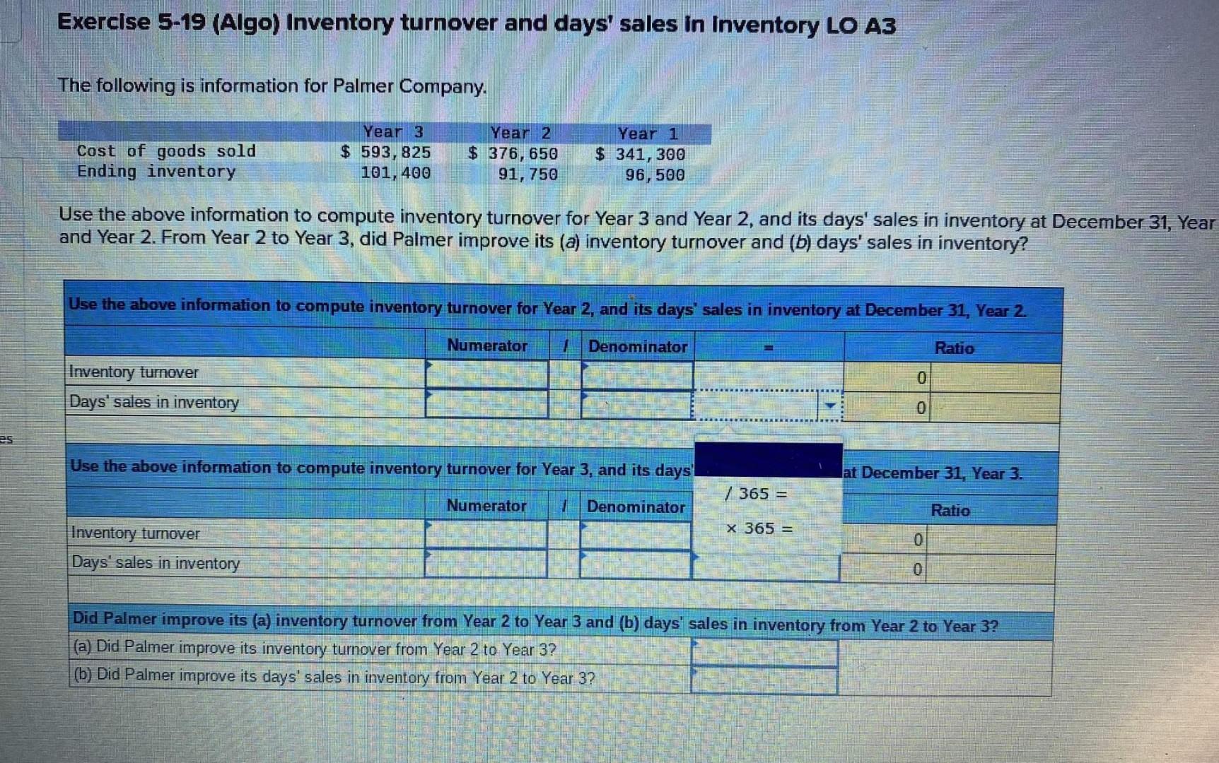 Solved Exercise 5-19 (Algo) Inventory turnover and days' | Chegg.com