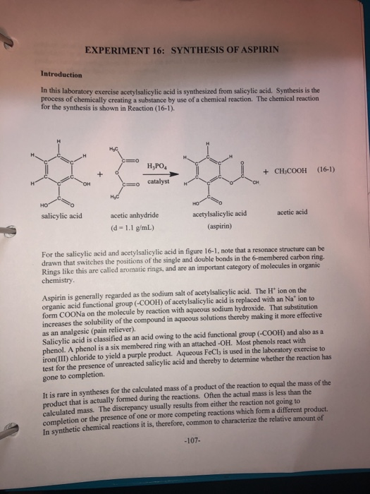 Solved EXPERIMENT 16: SYNTHESIS OF ASPIRIN Introduction In | Chegg.com