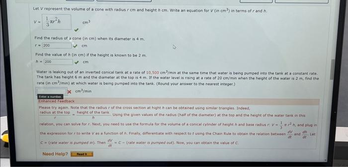 Solved Let V represent the volume of a cone with radius r cm | Chegg.com