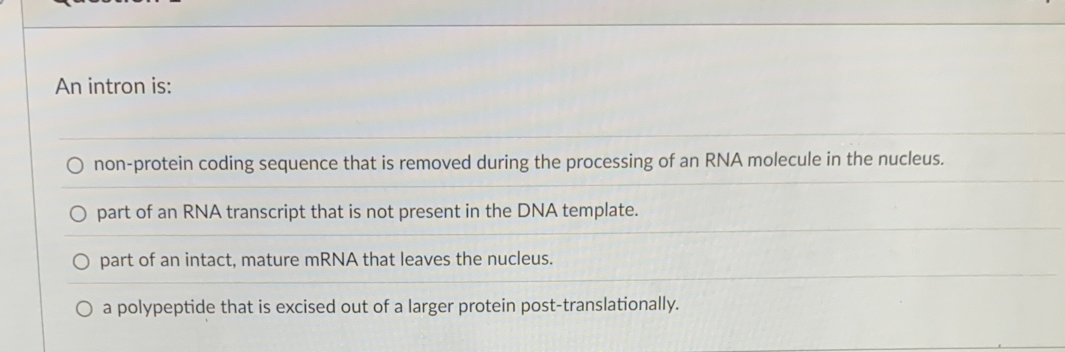 Solved An intron is:non-protein coding sequence that is | Chegg.com