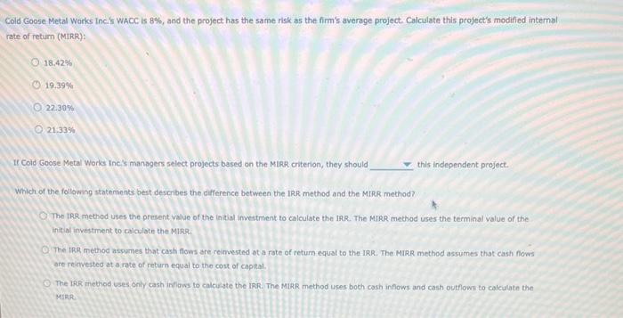 Solved 8. Modified internal rate of return (MIRR) The IRR | Chegg.com