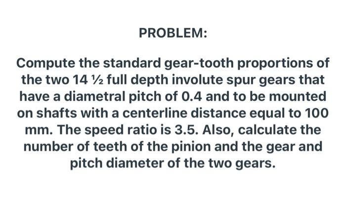 Solved PROBLEM: Compute the standard gear-tooth proportions | Chegg.com