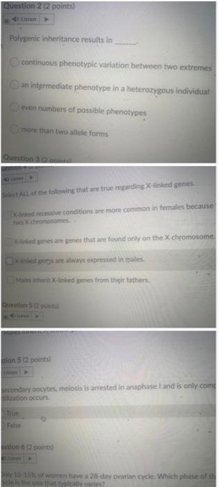 Solved Question 2 (2 points) 3 Liten Polygenic inheritance | Chegg.com