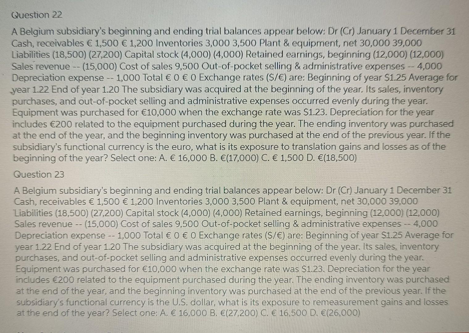 Solved Question 22A Belgium subsidiary's beginning and | Chegg.com