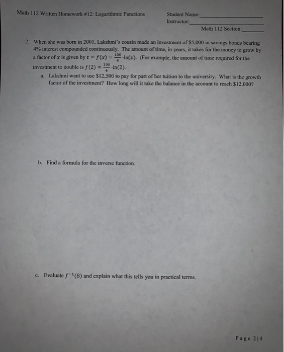 Solved Math 112 Written Homework #12: Logarithmic Functions | Chegg.com