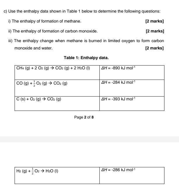 Solved c) Use the enthalpy data shown in Table 1 below to | Chegg.com