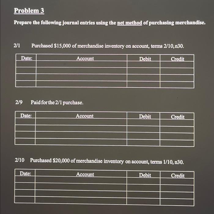Solved Problem 3 Prepare the following journal entries using | Chegg.com