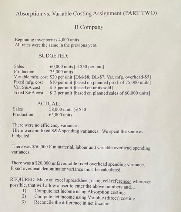 Solved Absorption vs. Variable Costing Assignment (PART TWO) | Chegg.com