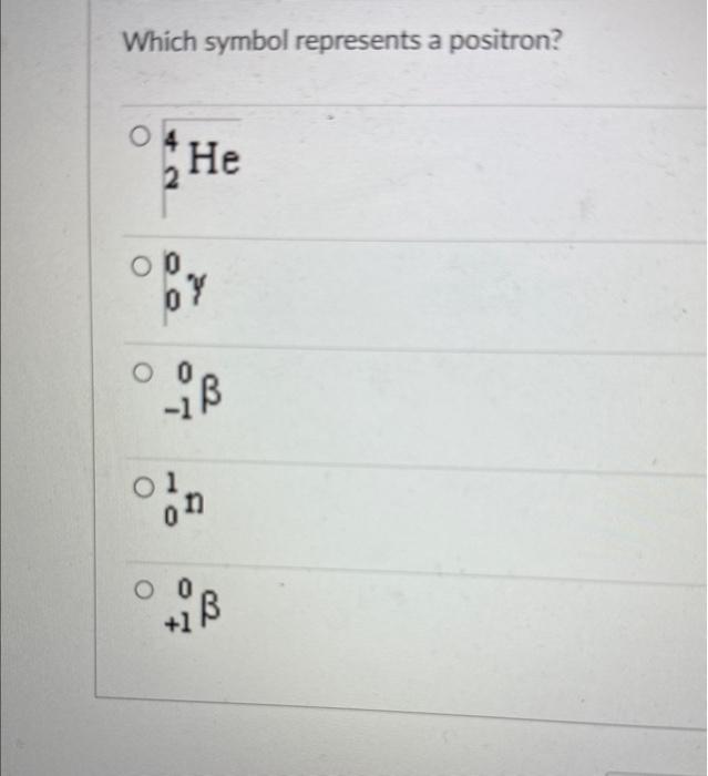 Solved Which symbol represents a positron? 24He | Chegg.com