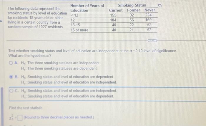 Solved The following data represent the smoking status by | Chegg.com