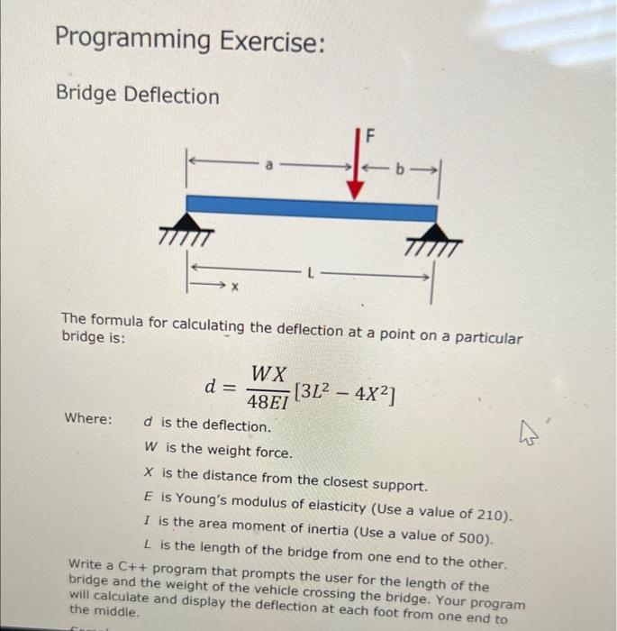 Solved Programming Exercise: Bridge Deflection The formula | Chegg.com