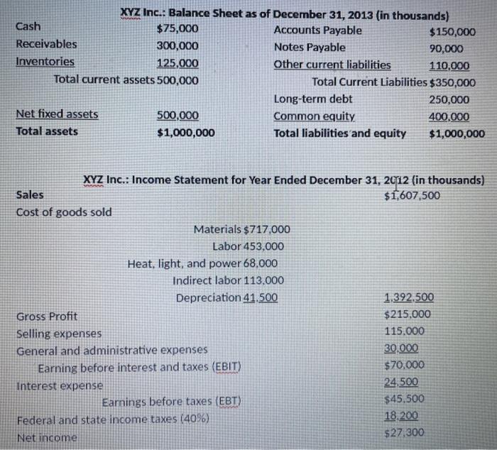 Solved Using the XYZ Balance Sheet and Income Statement | Chegg.com