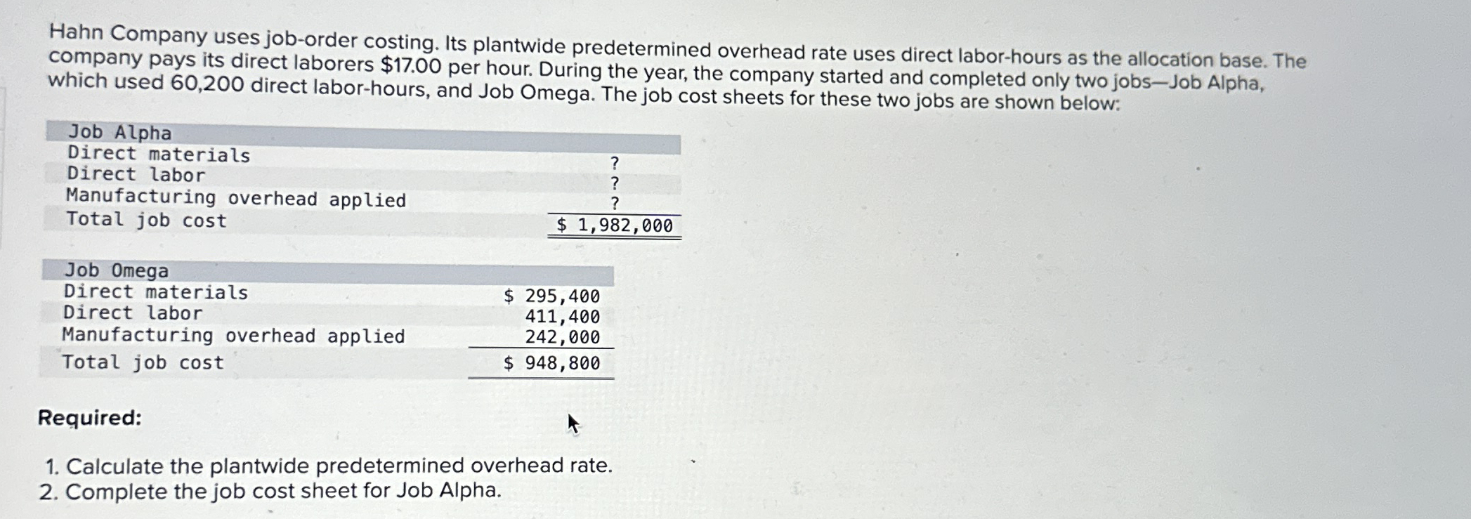 Solved Hahn Company uses job-order costing. Its plantwide | Chegg.com