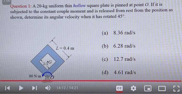Solved Question 1: A 20-kg uniform thin hollow square plate | Chegg.com