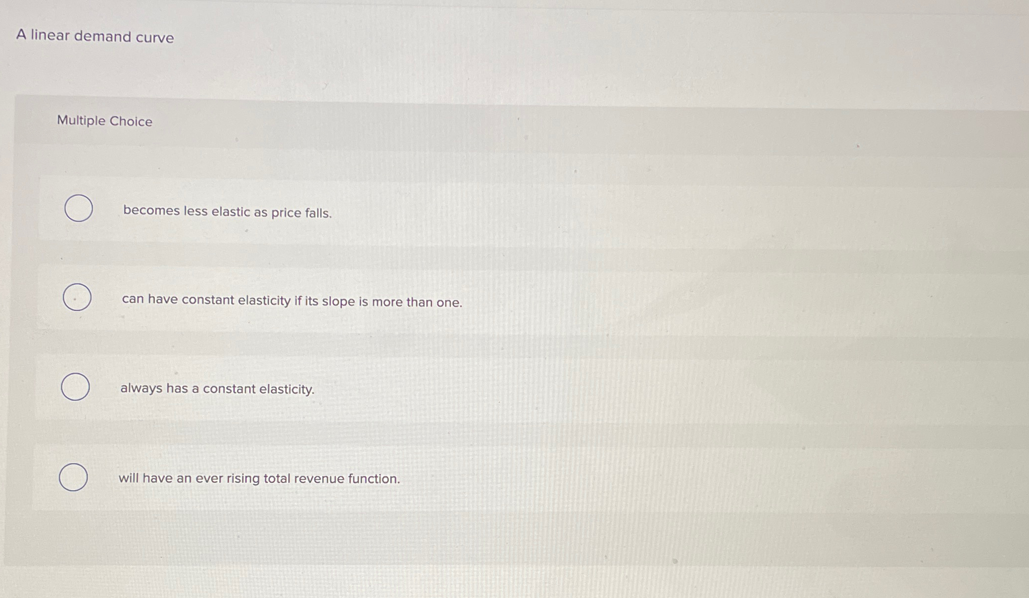 Solved A linear demand curveMultiple Choice ﻿becomes less | Chegg.com