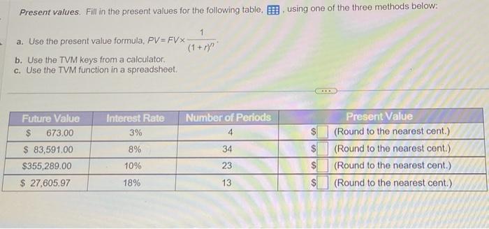 Solved Present values. Fill in the present values for the | Chegg.com